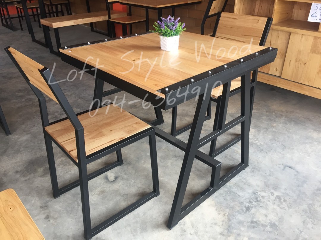 Loft Style Wood ชุดโต๊ะขา A ขอบเหล็ก พร้อมเก้าอี้พนักพิงไม้ 4 ตัว ...