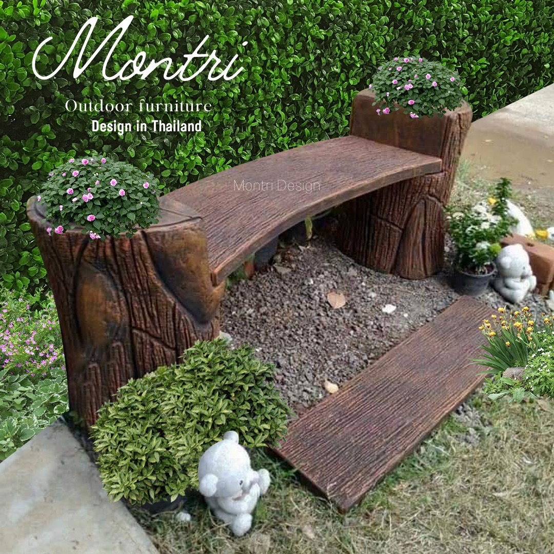 Montri design เก้าอี้สนามปูนลายไม้ 2 in 1 ทรงโค้ง 158x40x60 ภาคเหนือ สี ...