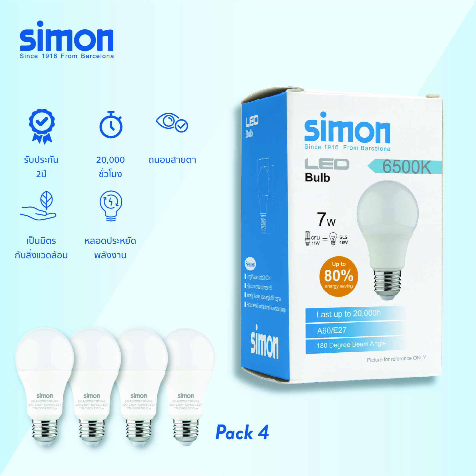 1 Pack 4 pcs. หลอดไฟแอลอีดี ประหยัดไฟ LEDBulb A60 ขั้วE27 7W ,มี 3แสง ...