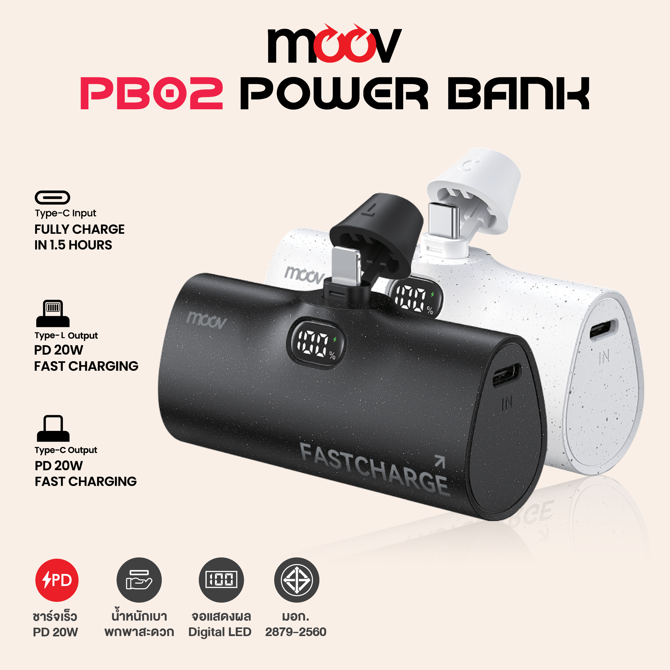 [รับประกัน 1 ปี] Moov PB02 แบตสำรอง 5000mAh Mini Powerbank ชาร์จเร็ว ...