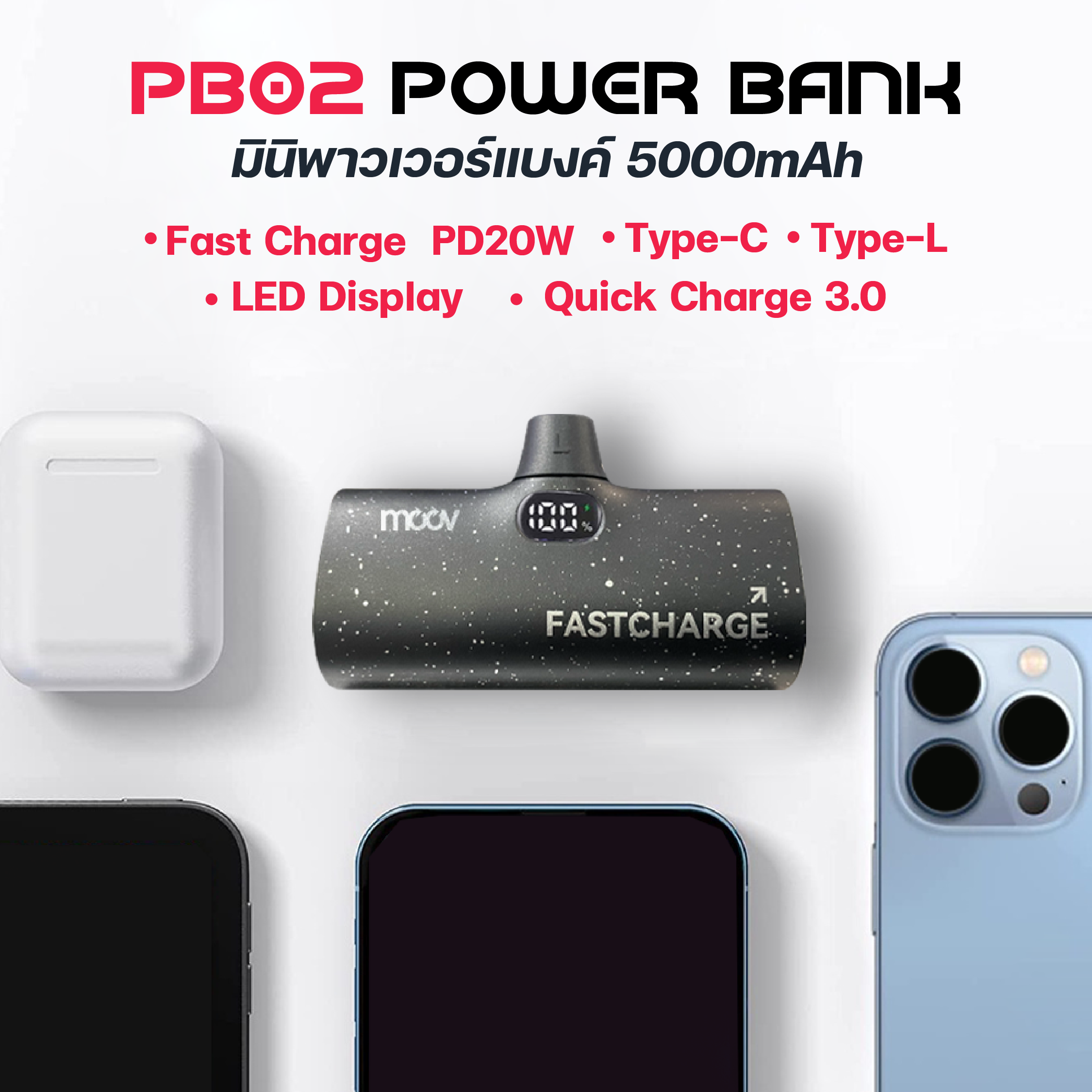 [รับประกัน 1 ปี] Moov PB02 แบตสำรอง 5000mAh Mini Powerbank ชาร์จเร็ว ...