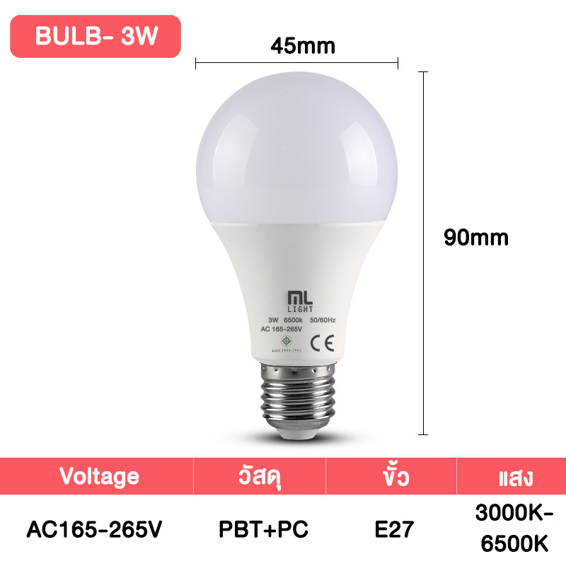 Mllight หลอดไฟ LED หลอดปิงปอง LED BULB ขั้วE27 3W,วอร์มไวท์ - หจก.มาริสา การไฟฟ้า - ThaiPick