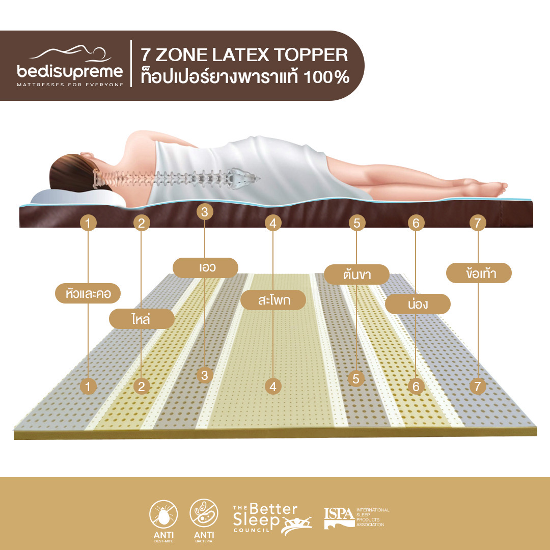 Bedisupreme ท็อปเปอร์ยางพาราฉีดแท้100% 7 Zone Natural Latex Topper หนา ...