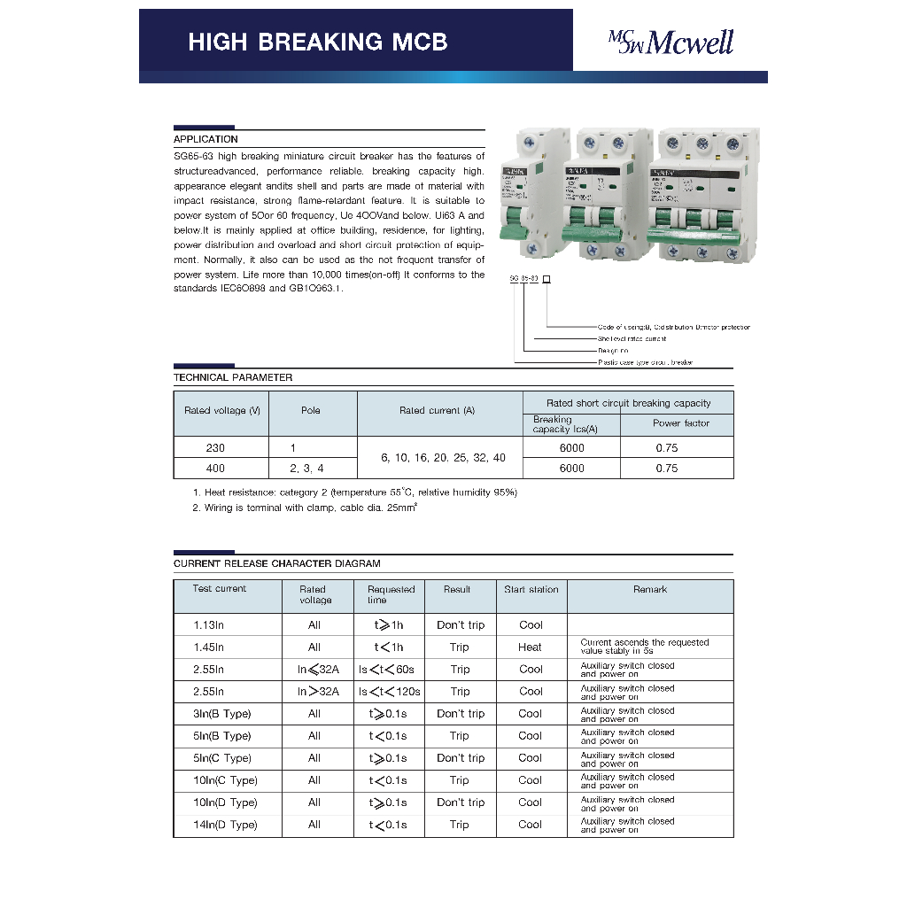 Mcwell Electric เซอร์กิตเบรกเกอร์ 2 Pole รุ่น SG65-63 32A - ThaiPick