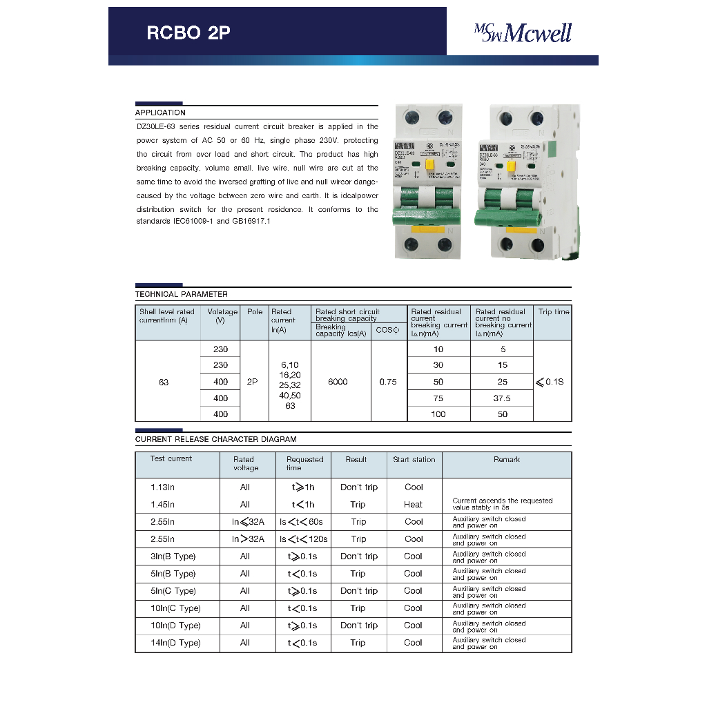 Mcwell Electric กันดูด RCBO 2Pole รุ่น SC62LE-63 ป้องกันไฟช็อต ไฟเกิน ...