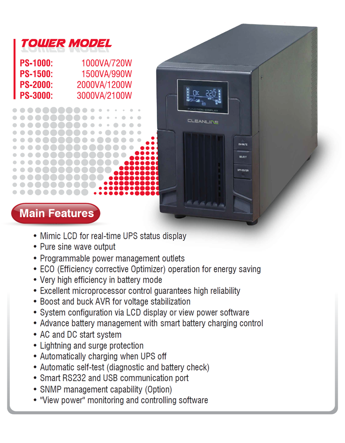 Cleanline UPS PS-Series PS-2000 กำลังไฟ 2000VA / 1200 Watt พร้อมระบบปรับแรงดันอัตโนมัติ รับ ...