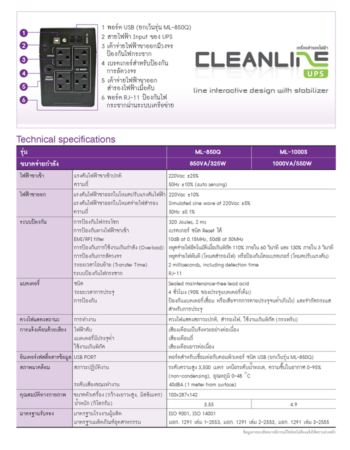 Cleanline UPS ML-Series ML-850Q กำลังไฟ 850VA / 325Watt ชนิด Line ...