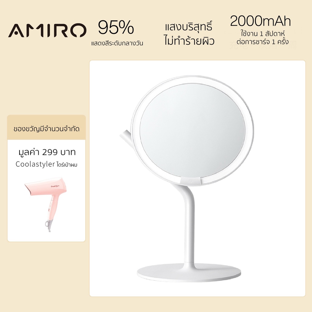 AMIRO กระจกแต่งหน้ามีไฟ ระดับมืออาชีพ CRI97 กระจกมีไฟ LED MINI2 White - ThaiPick