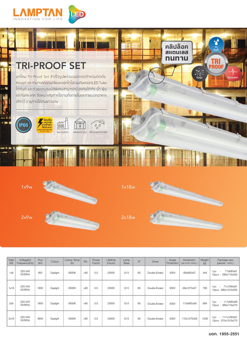 LAMPTAN ชุดโคมไฟพร้อมหลอดยาว LED Tri-Proof Set กันน้ำ กันฝุ่น กันกระแทก ...