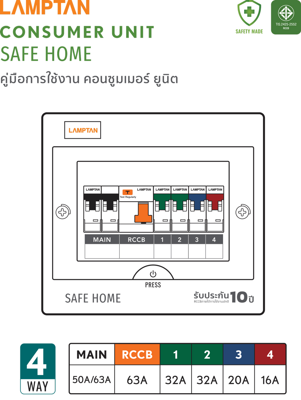 LAMPTAN ตู้เบรกเกอร์ ตู้ไฟ CONSUMER UNIT SAFE HOME 4 WAY 50A - บริษัท แ ...