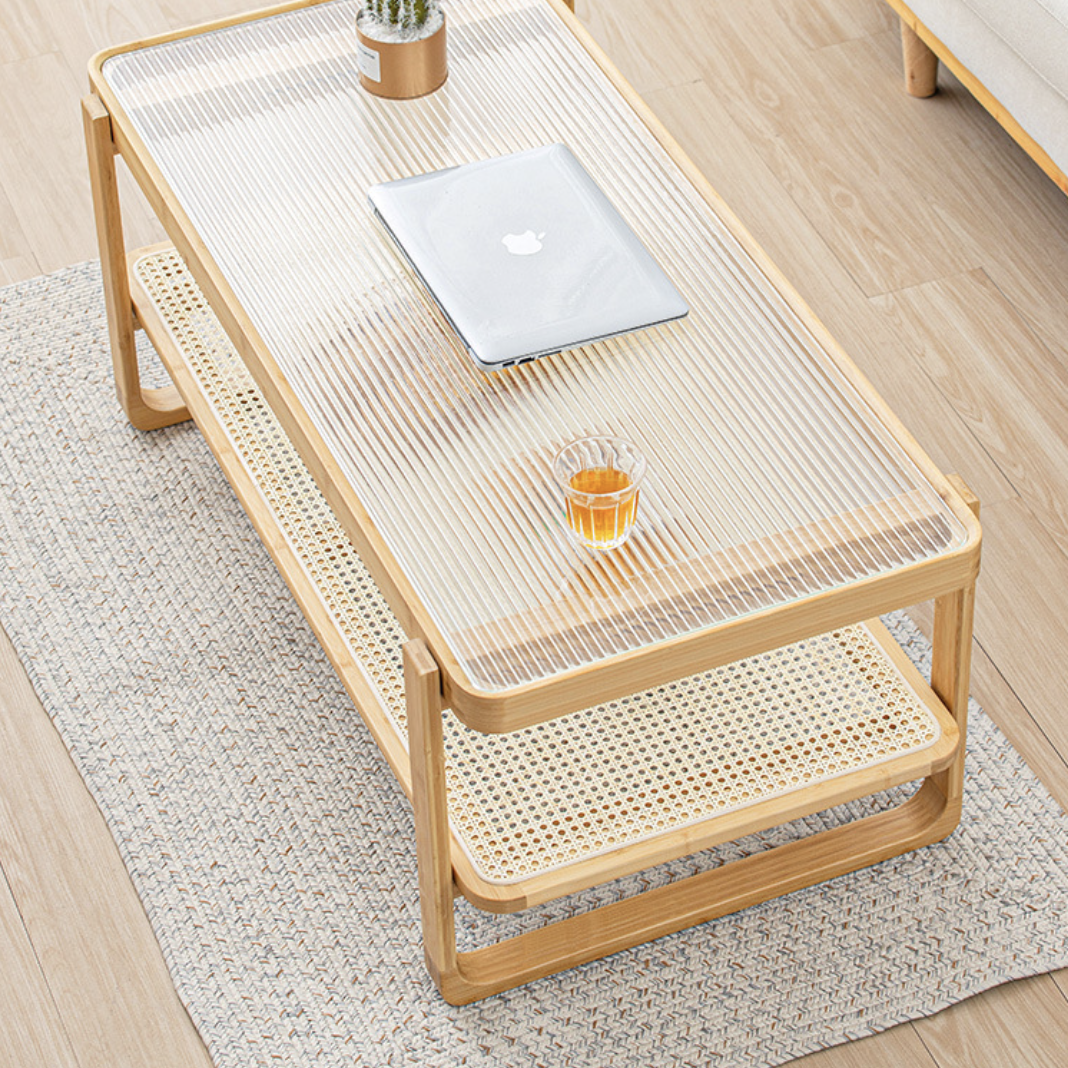 FURNATUR ต๊ะกลาง ไม้ไผ่ หน้าท๊อปกระจกลอน รุ่น MT001 ยาว115 ซม. - ThaiPick