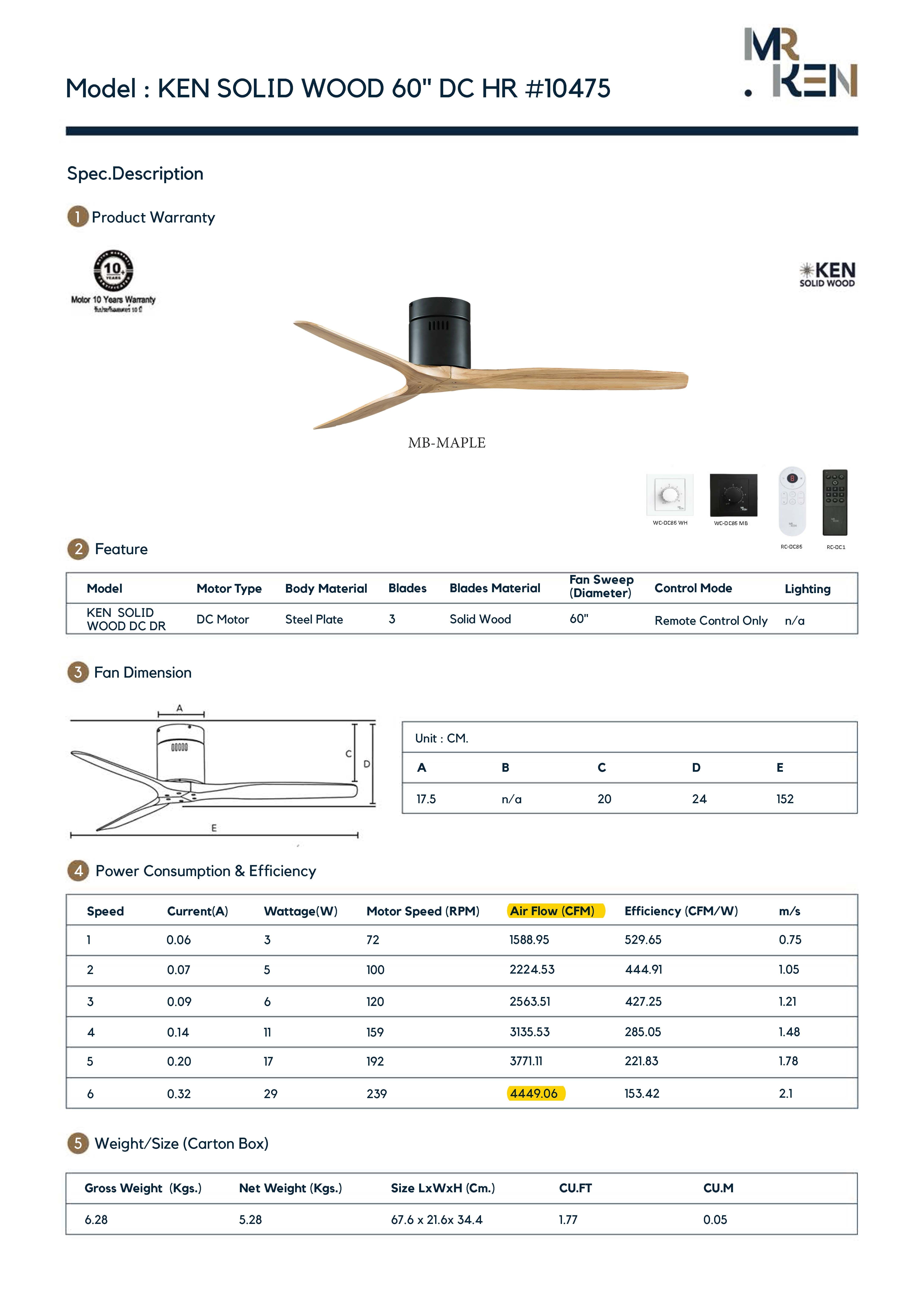 Mr.KEN พัดลมเพดาน รุ่น KEN SOLID WOOD + RC-DC09 (TUYA SMART) MB-MAPLE ...