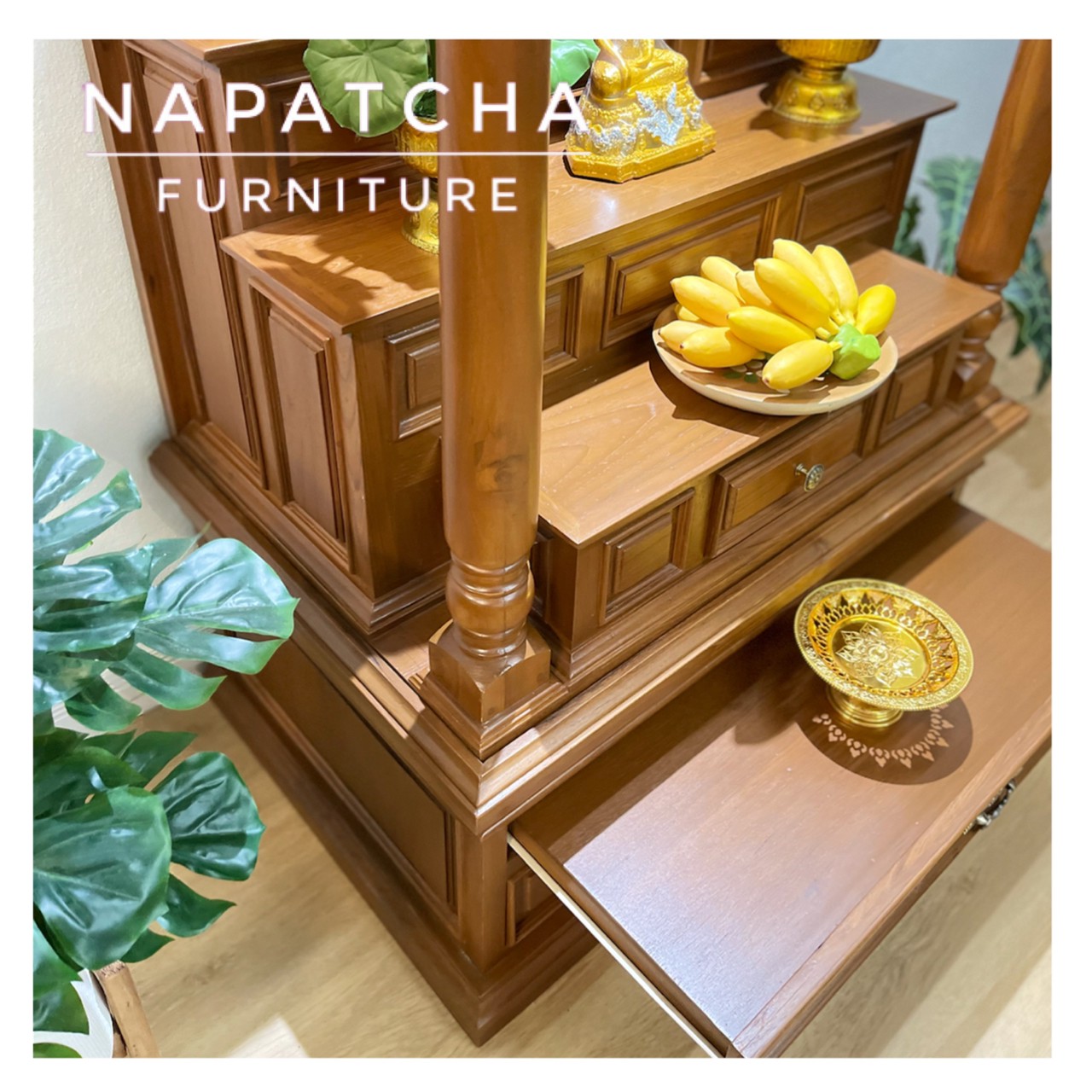 NAPATCHA โต๊ะหมู่บูชา หิ้งพระ ไม้สักแท้ 100% +ต้นโพธิ์สีทอง รุ่น N9-85 ...