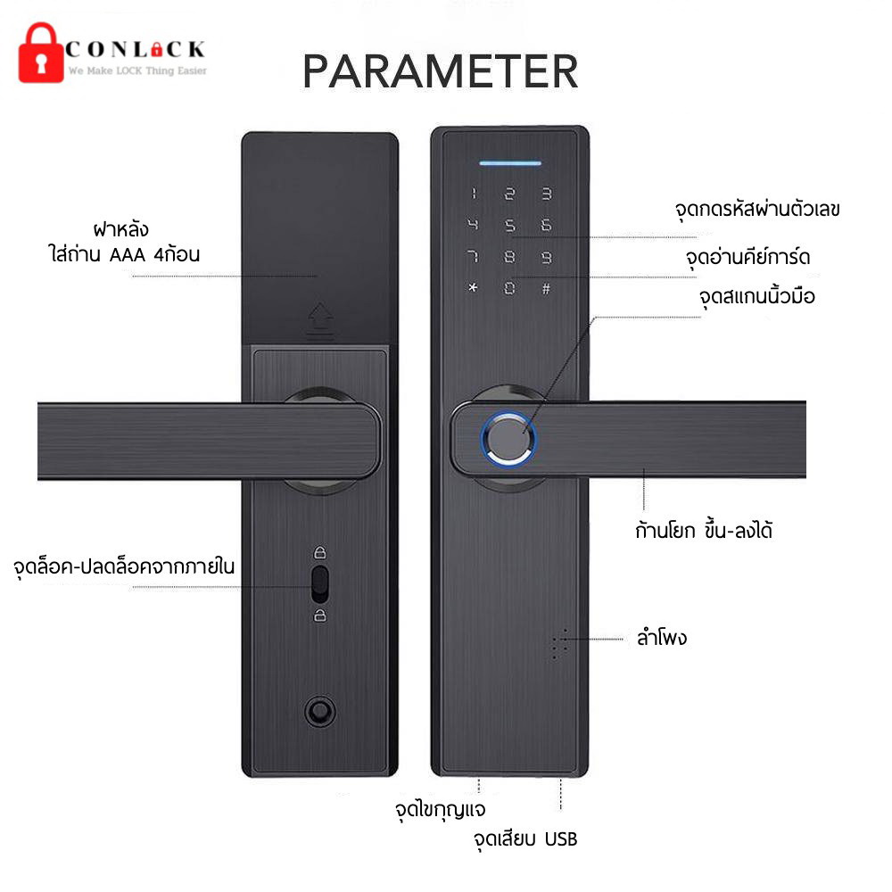 Conlock กลอนดิจิตอล ปลดล็อค4ระบบ แทนลูกบิดเดิม ล็อคยาว digital door ...