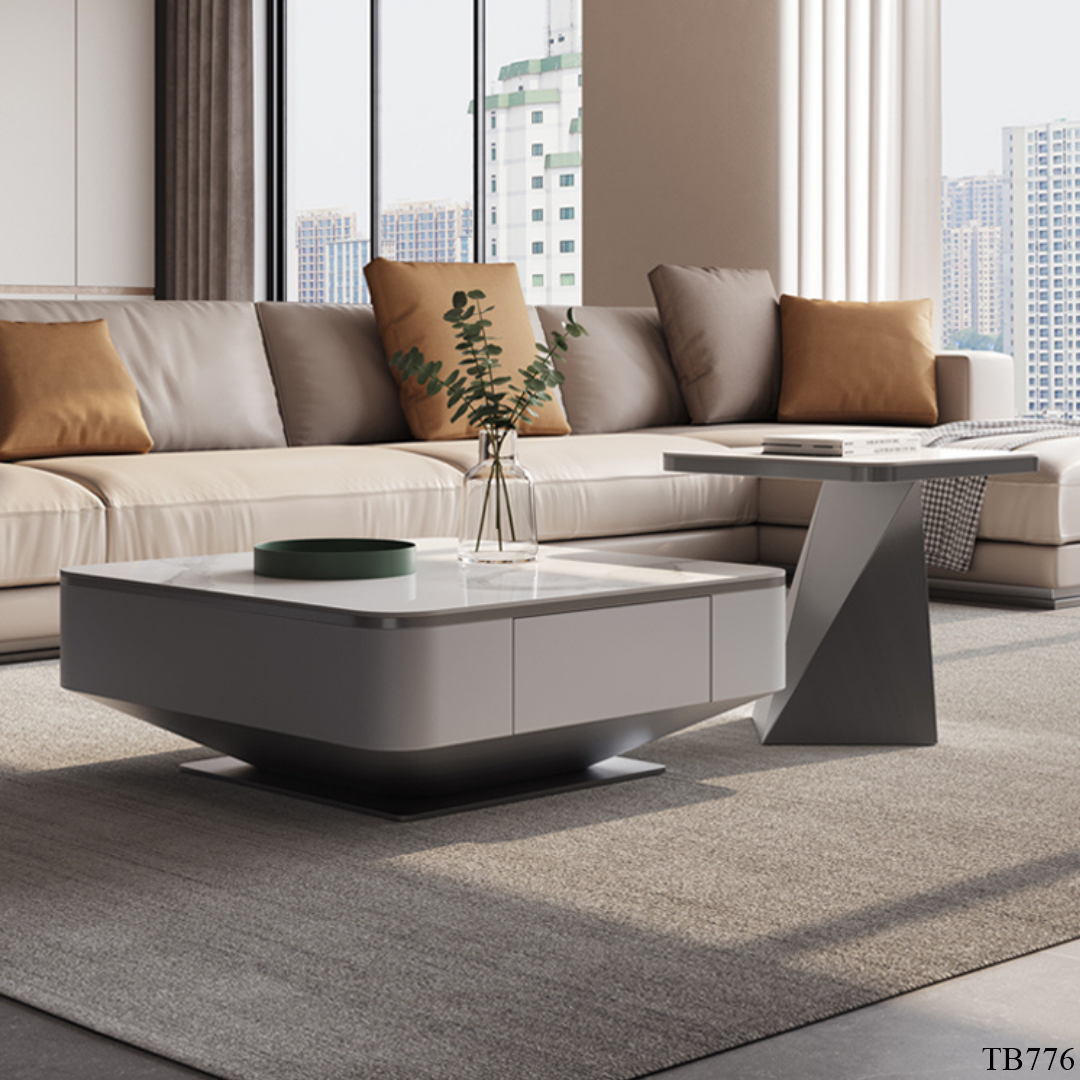 MJhomedesigns Elegant-Style Slate Coffee Table TB776 สีเทา L80xW80xH39 + L60xH50 cm. - ThaiPick