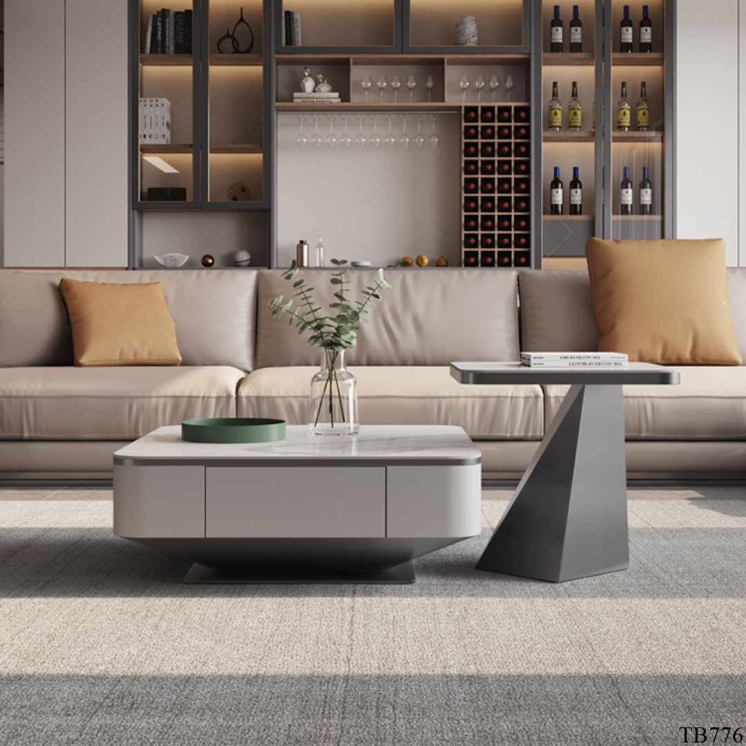 MJhomedesigns Elegant-Style Slate Coffee Table TB776 สีเทา L80xW80xH39 + L60xH50 cm. - ThaiPick