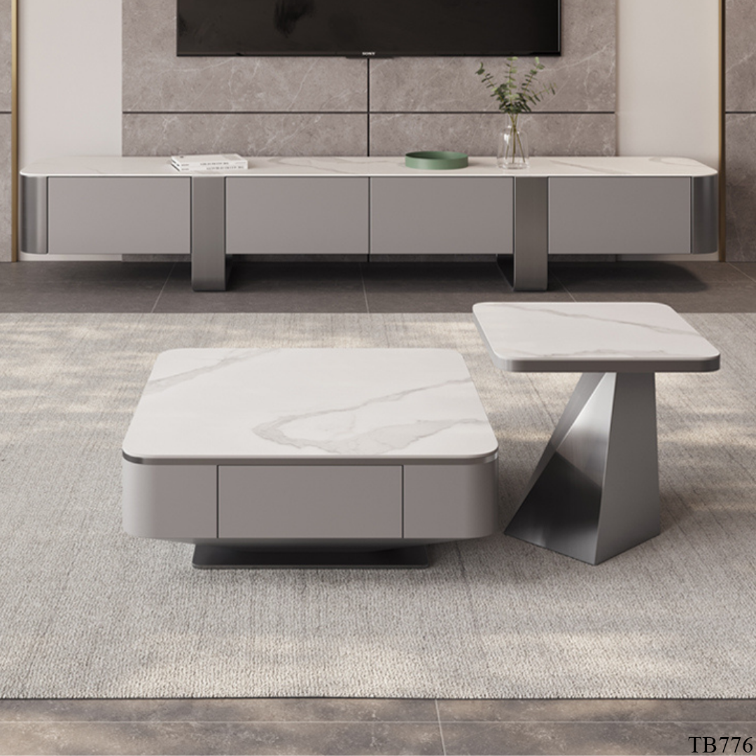 MJhomedesigns Elegant-Style Slate Coffee Table TB776 สีเทา L80xW80xH39 + L60xH50 cm. - ThaiPick