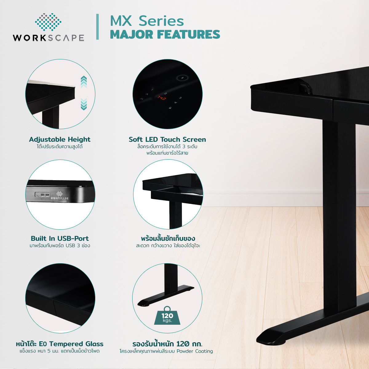 Workscape MX SERIES โต๊ะปรับระดับไฟฟ้า หน้าโต๊ะกระจกนิรภัย สีดำ ขนาด ...