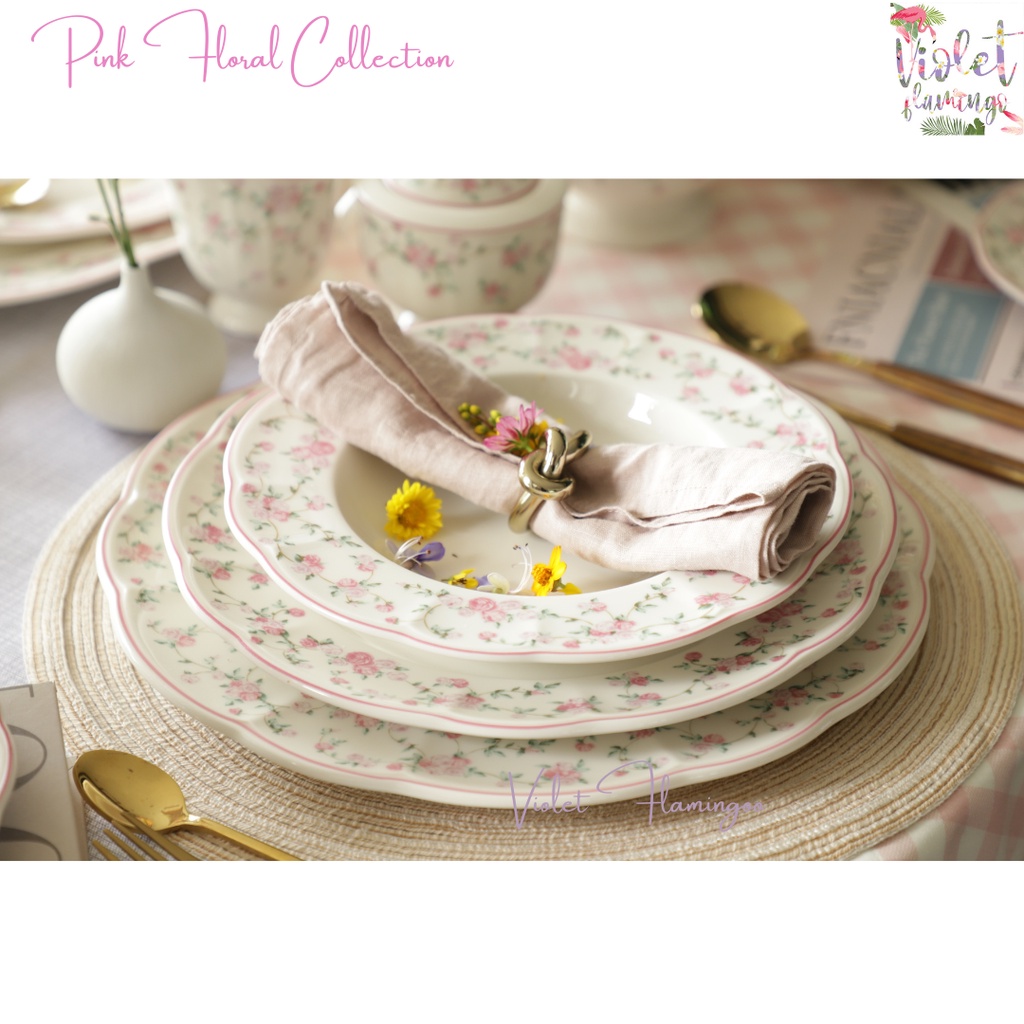 Violet Flamingo จานเซรามิคลายดอกไม้สีชมพู Pink Floral Plates สวยตาแตก ...