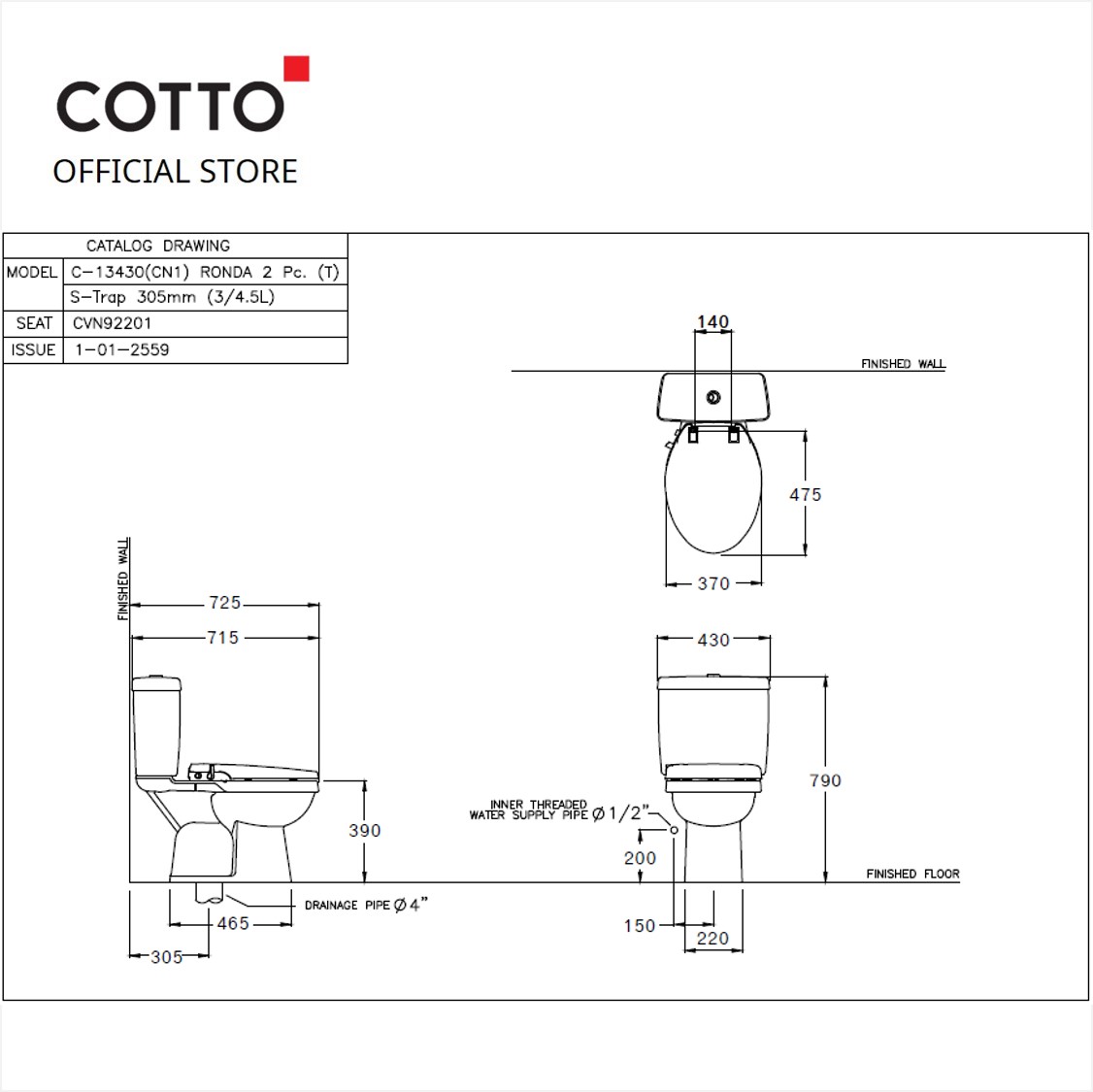COTTO สุขภัณฑ์สองชิ้น รุ่น C13430(CN1) Ronda - บริษัท สยามชานิทารีแวร์ ...