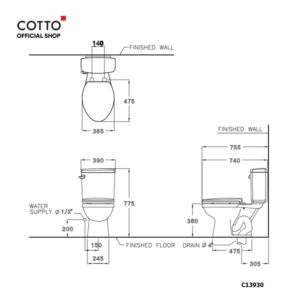 COTTO สุขภัณฑ์ รุ่น C13930 Alex CIT Standard 39x74x78cm - บริษัท สยาม ...