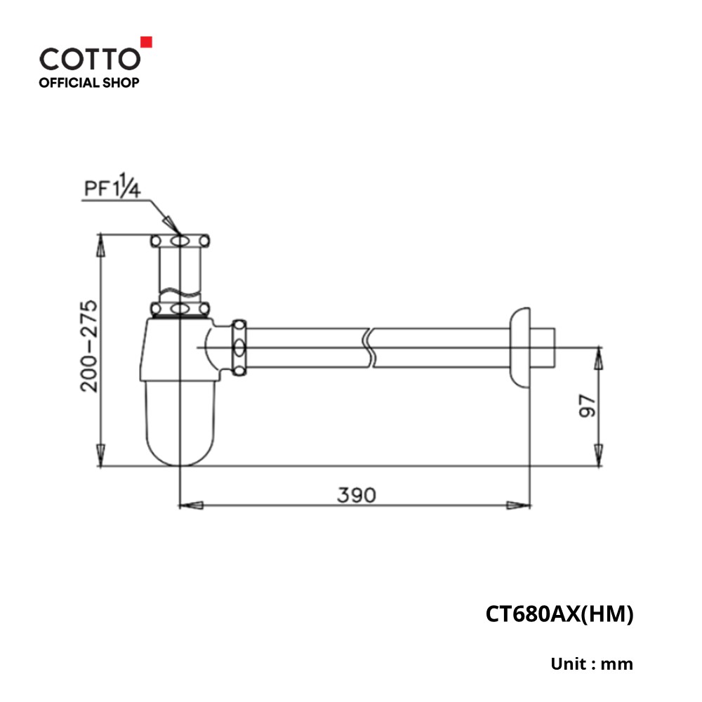 COTTO ท่อน้ำทิ้งอ่างล้างหน้าแบบกระปุก รุ่น CT680AX(HM) ยาว 39 ซม. โครเ ...